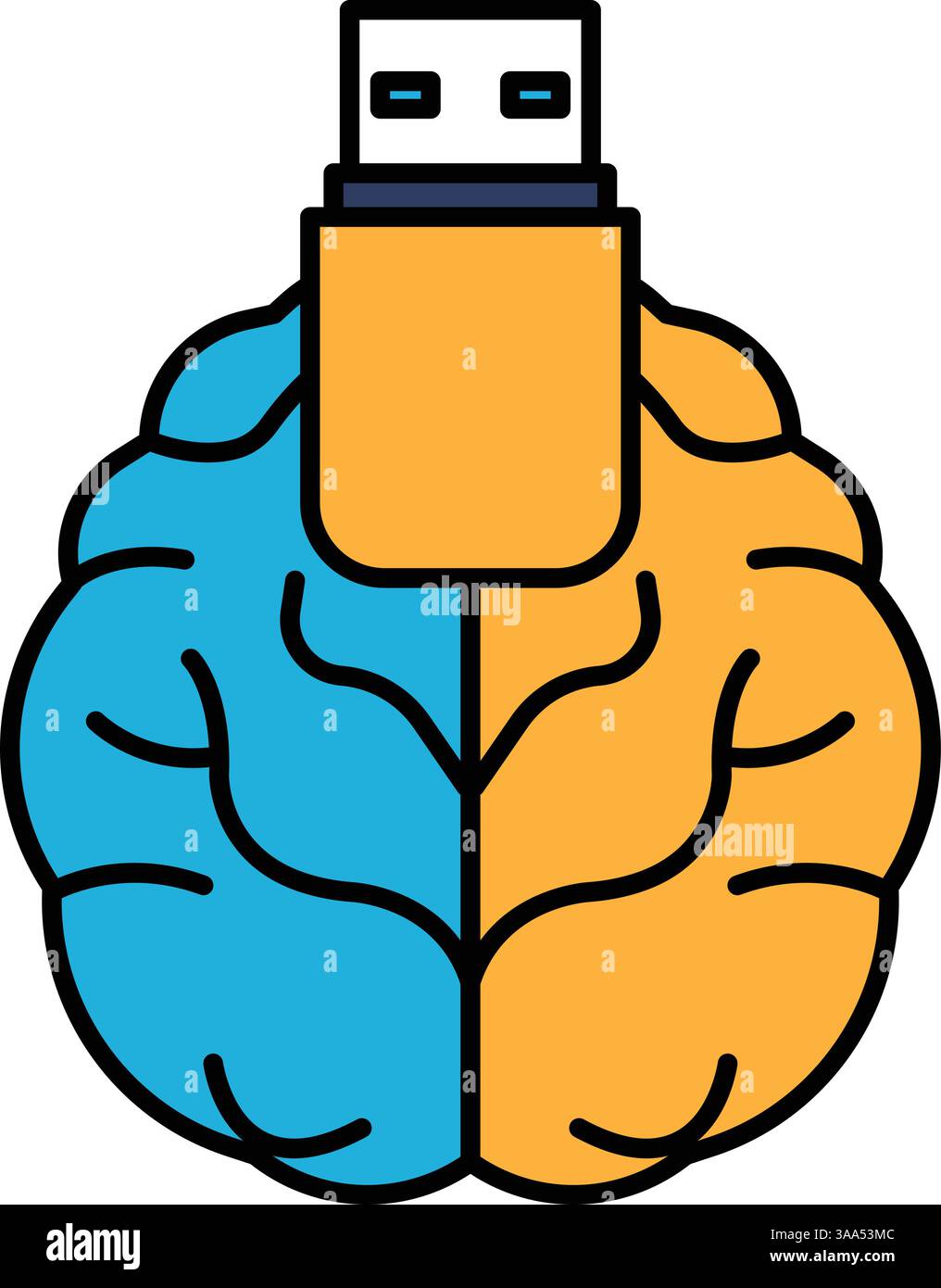 A brain with a yellow and blue side is shown with a USB drive in the ...