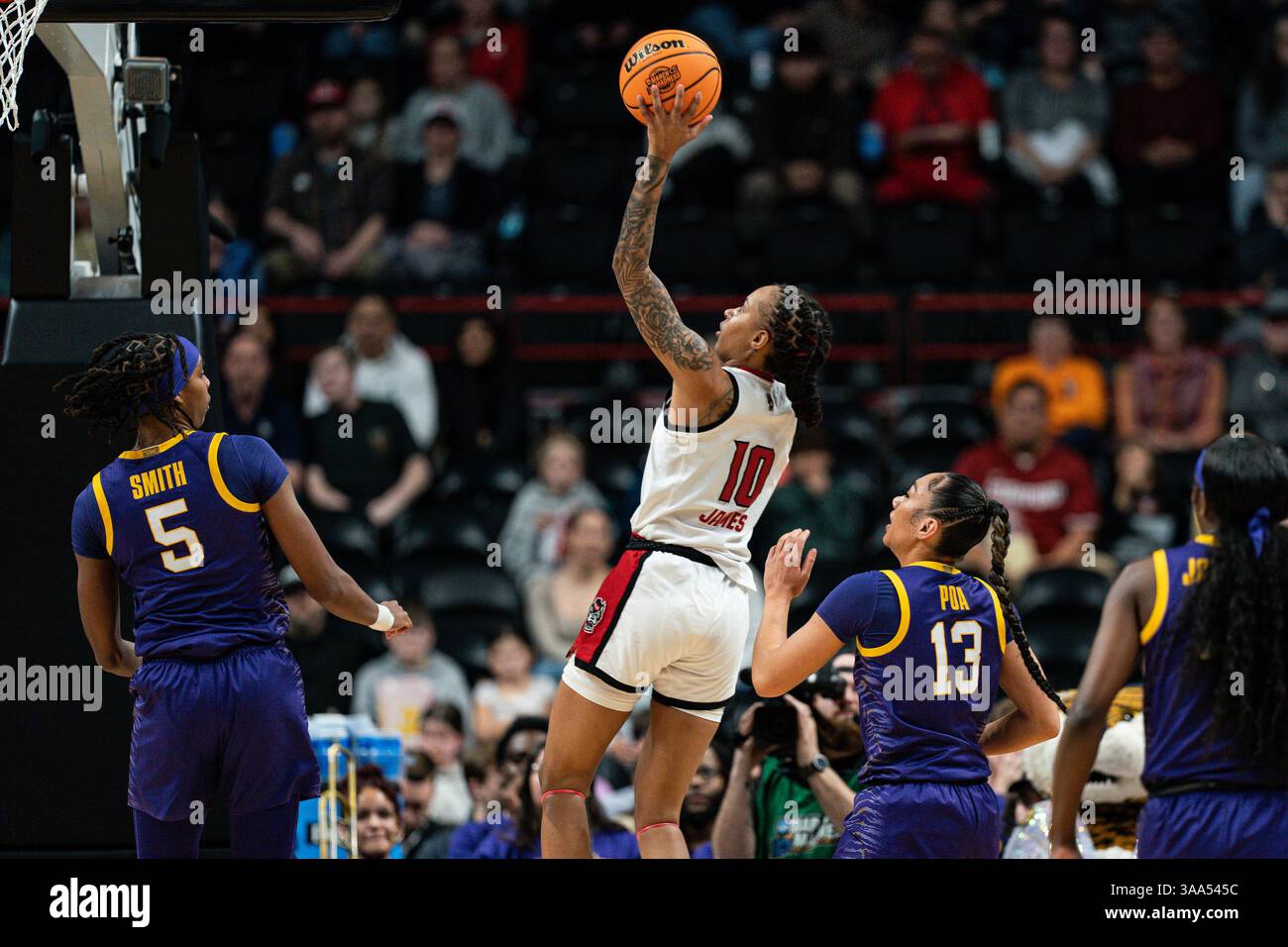 NC State Wolfpack guard Aziaha James (10) shoots during the NCAA Women ...