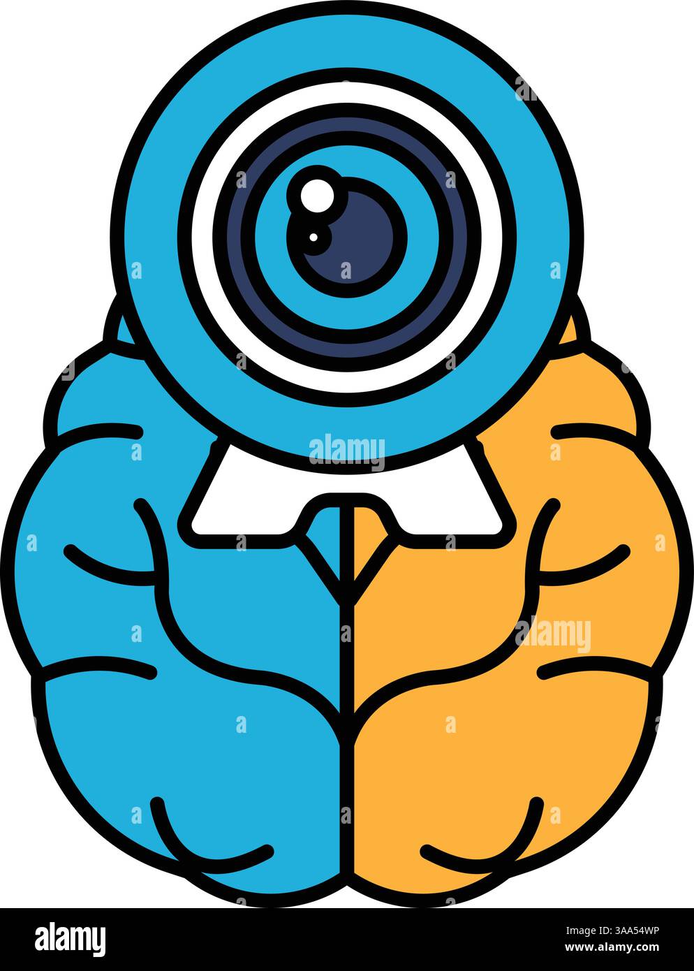 A blue and orange brain with a camera lens in the middle. The brain is ...
