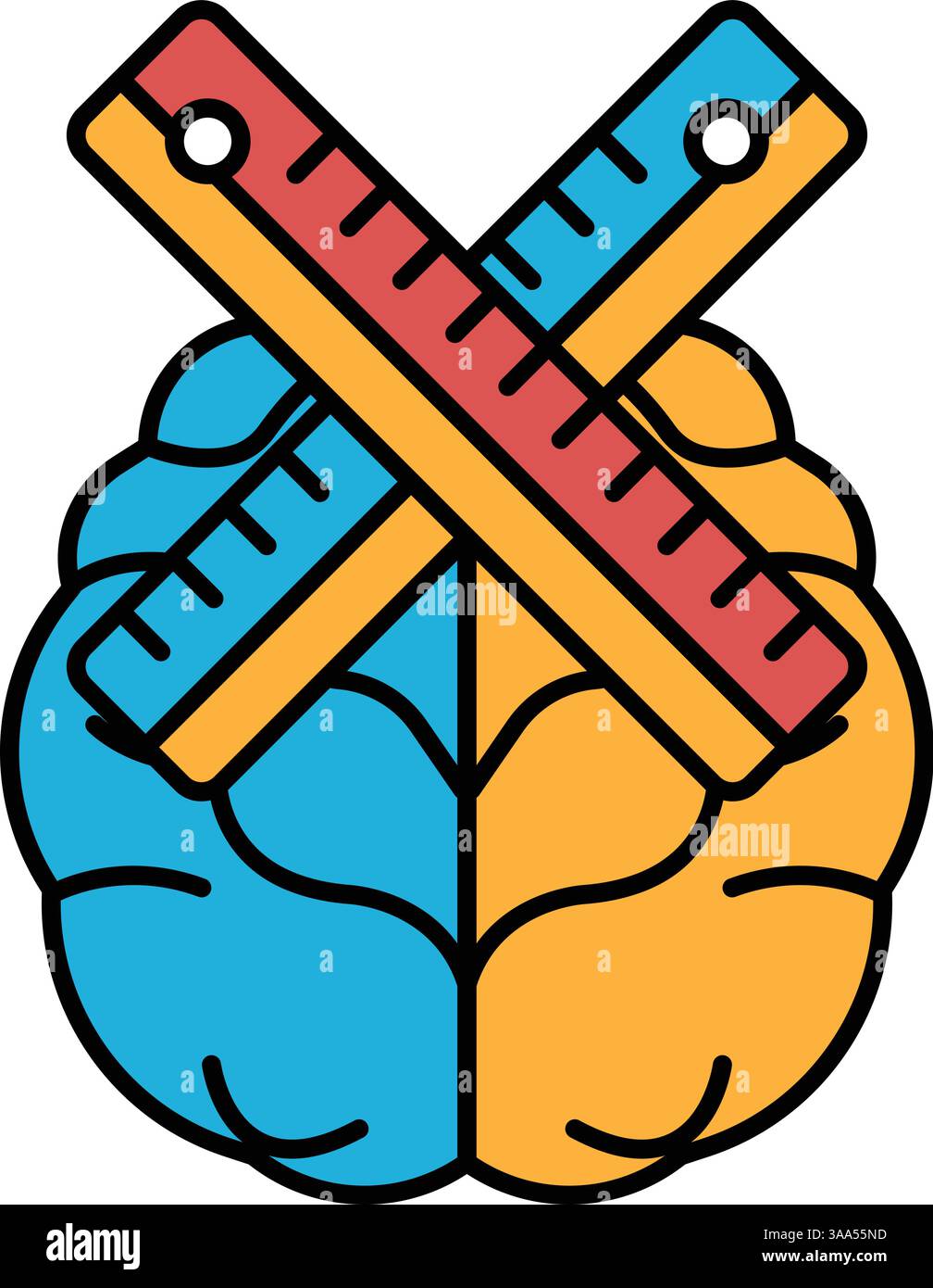 A brain with a ruler and a pair of scissors on it. The ruler is red and ...
