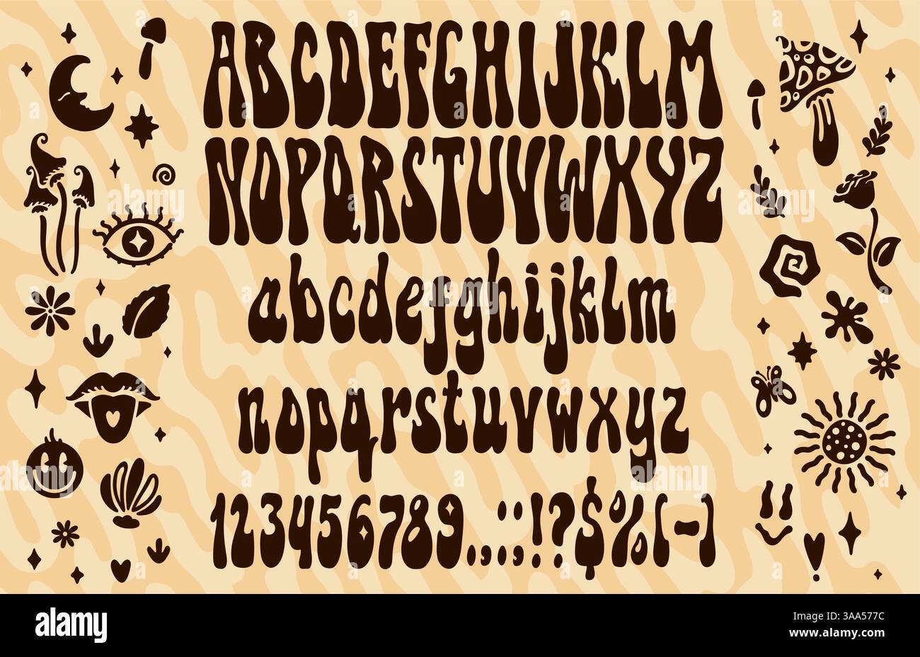 Groovy psychedelic font, retro hippy trippy type, 60s typeface, vintage english alphabet vector ...