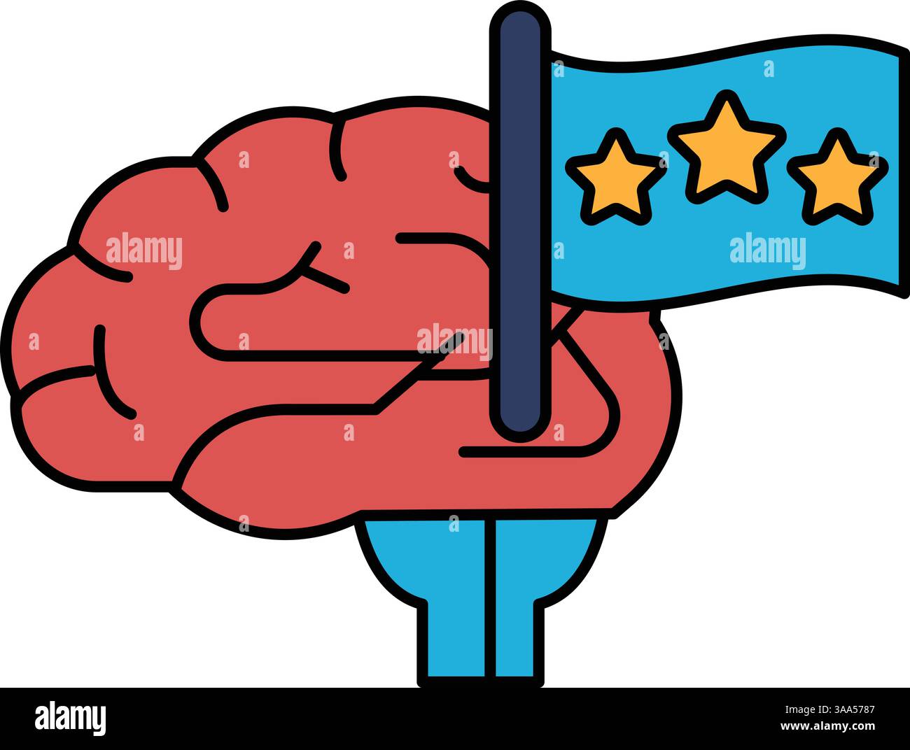A brain is holding a flag with three stars. The brain is red and blue ...