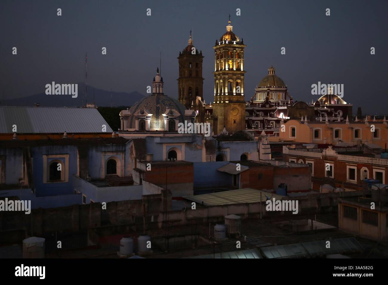 The historic center of Puebla in Mexico and its cathedral are seen at ...