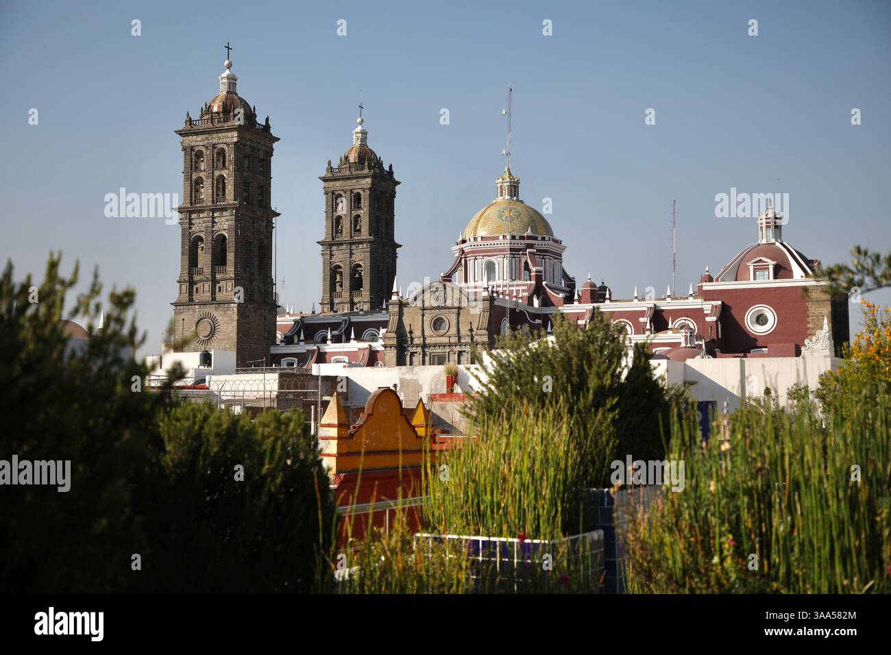 The historic center of Puebla in Mexico and its cathedral are seen from ...
