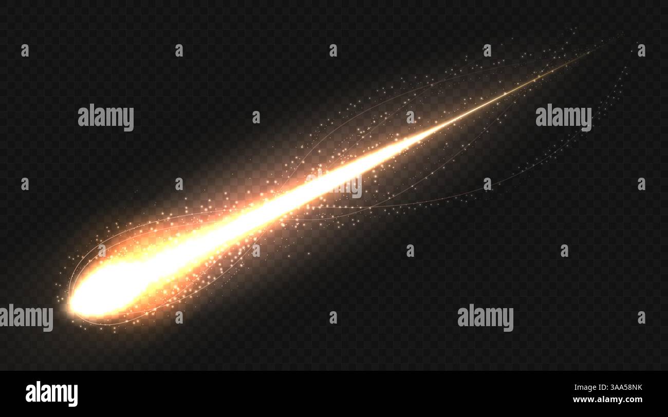 A dazzling meteor dramatically streaks through the night sky adorned ...
