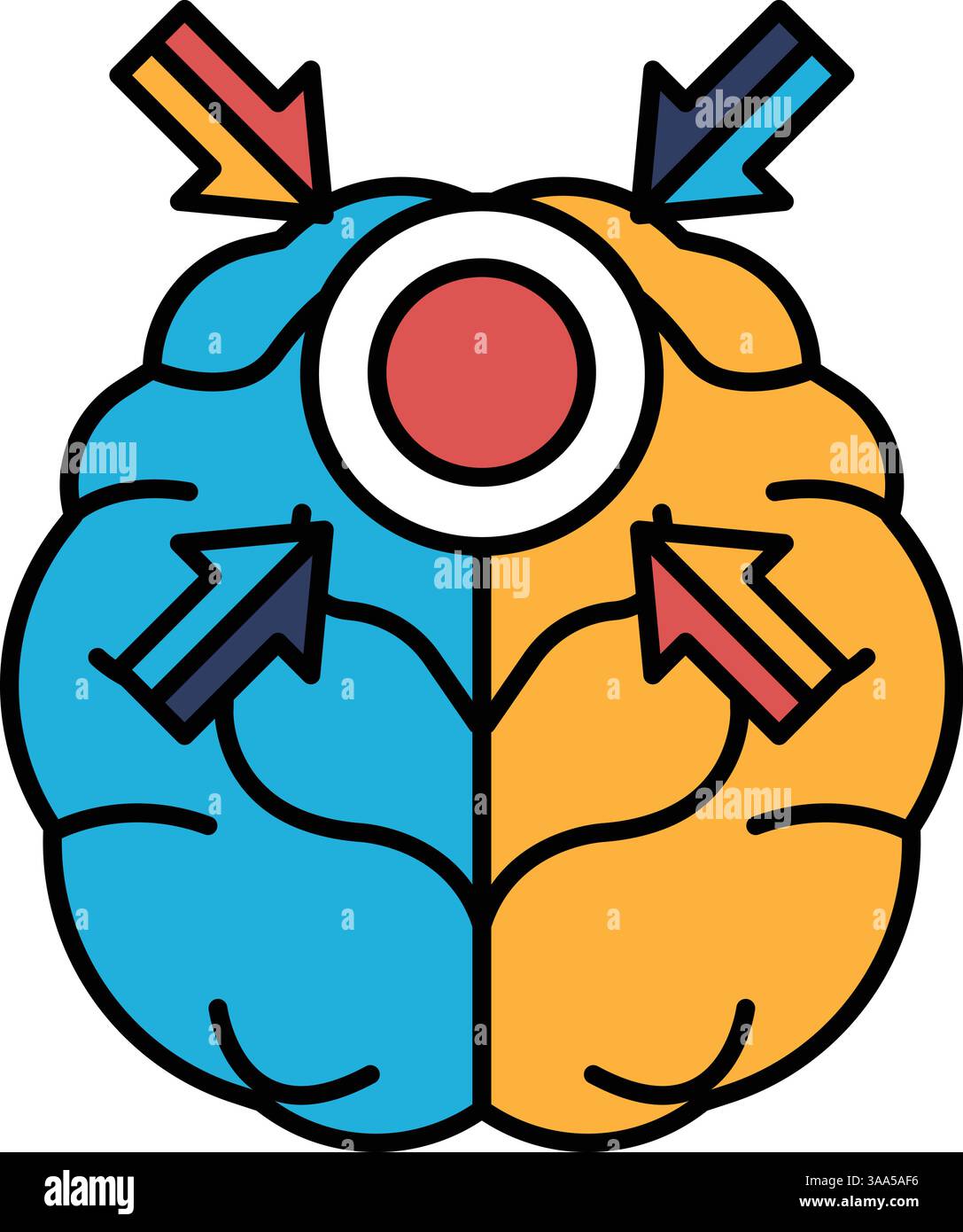 A brain with two different colored halves and arrows pointing to the ...