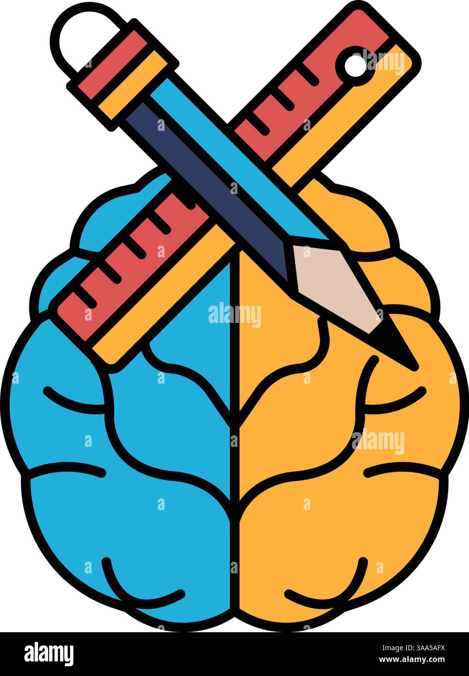 A drawing of a brain with a pencil and ruler on it. The pencil and ...