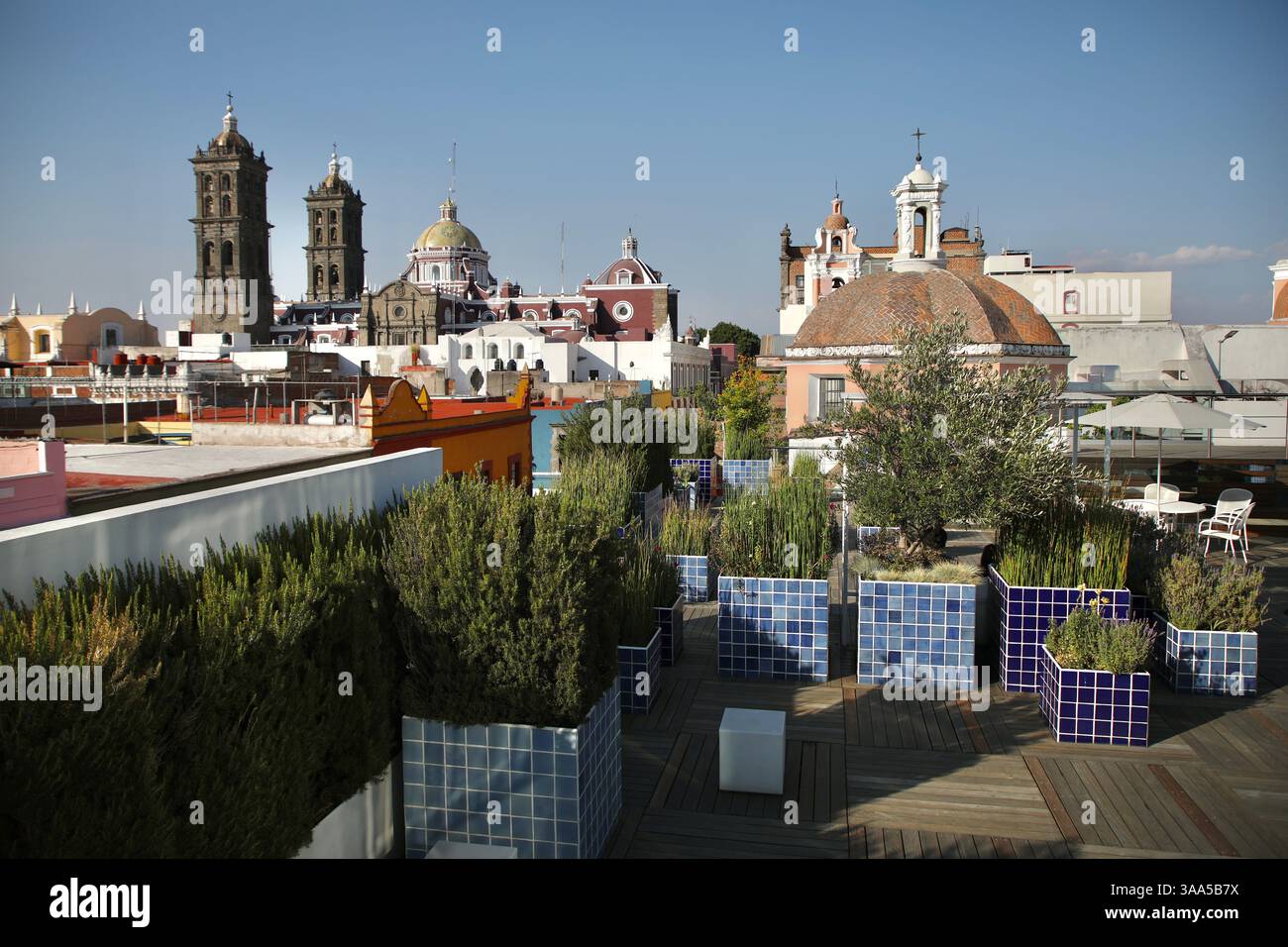 The historic center of Puebla in Mexico and its cathedral are seen from ...