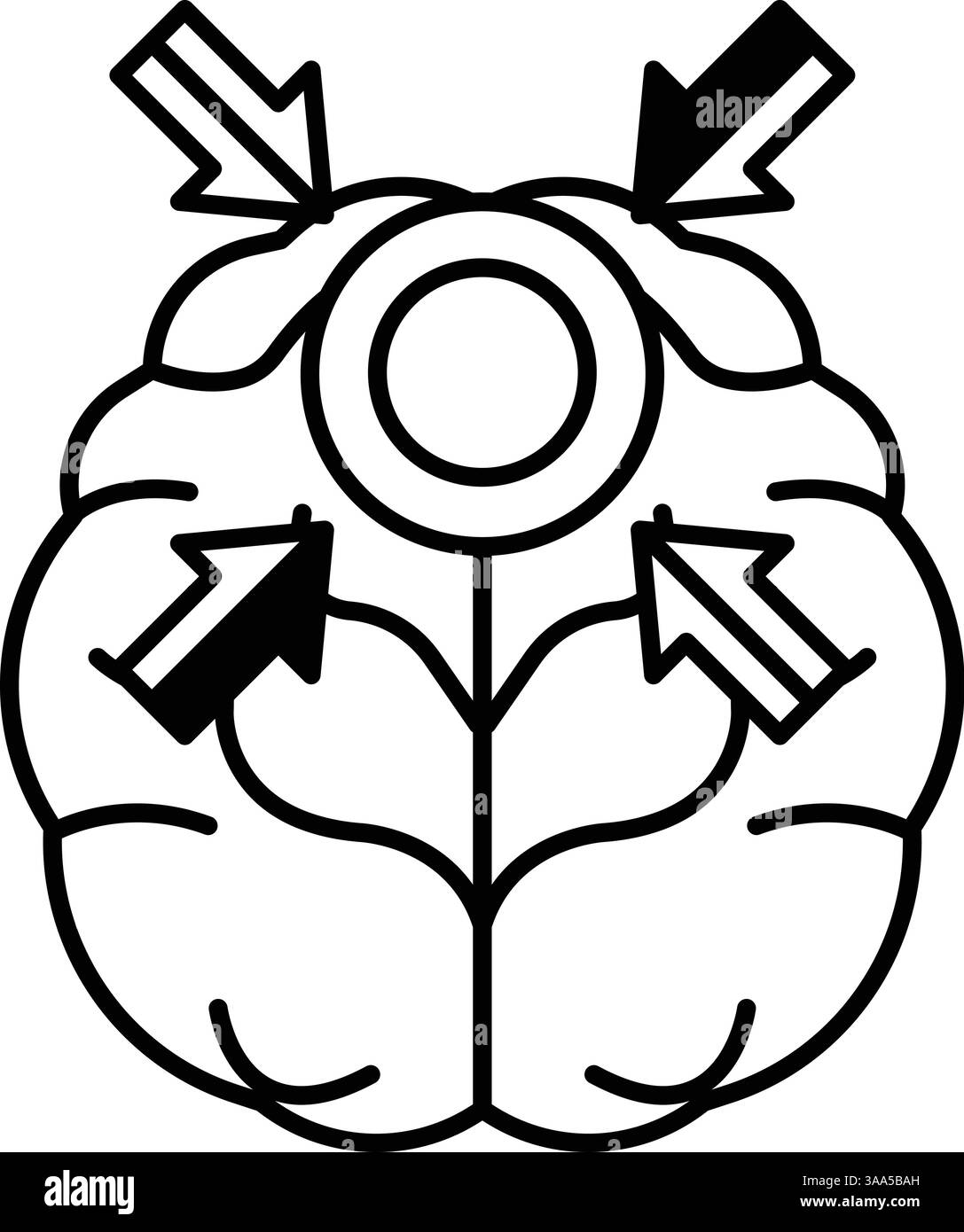 A brain with two different halves and arrows pointing to the center ...