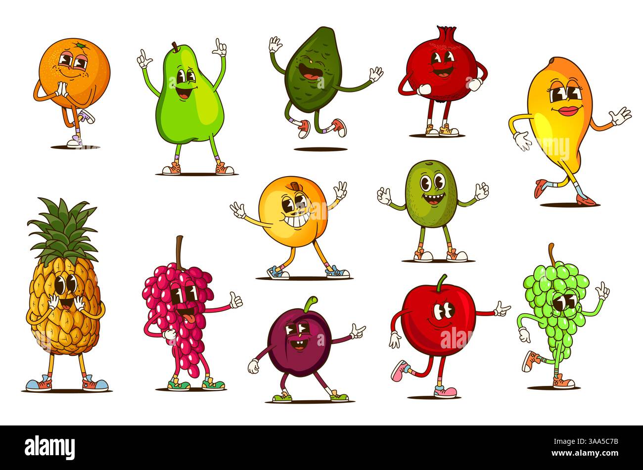 Cartoon retro groovy fruit characters with funny happy faces, vector ...