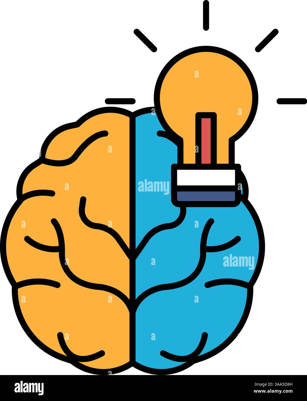 A brain with a light bulb in the middle. The light bulb is lit up and ...