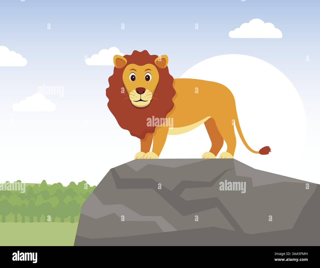 A vibrant, colorful cartoon lion stands proudly atop a rock under a ...