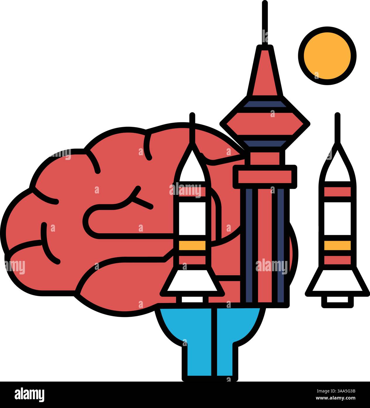 A brain is surrounded by rockets and a tall building. The brain is red ...