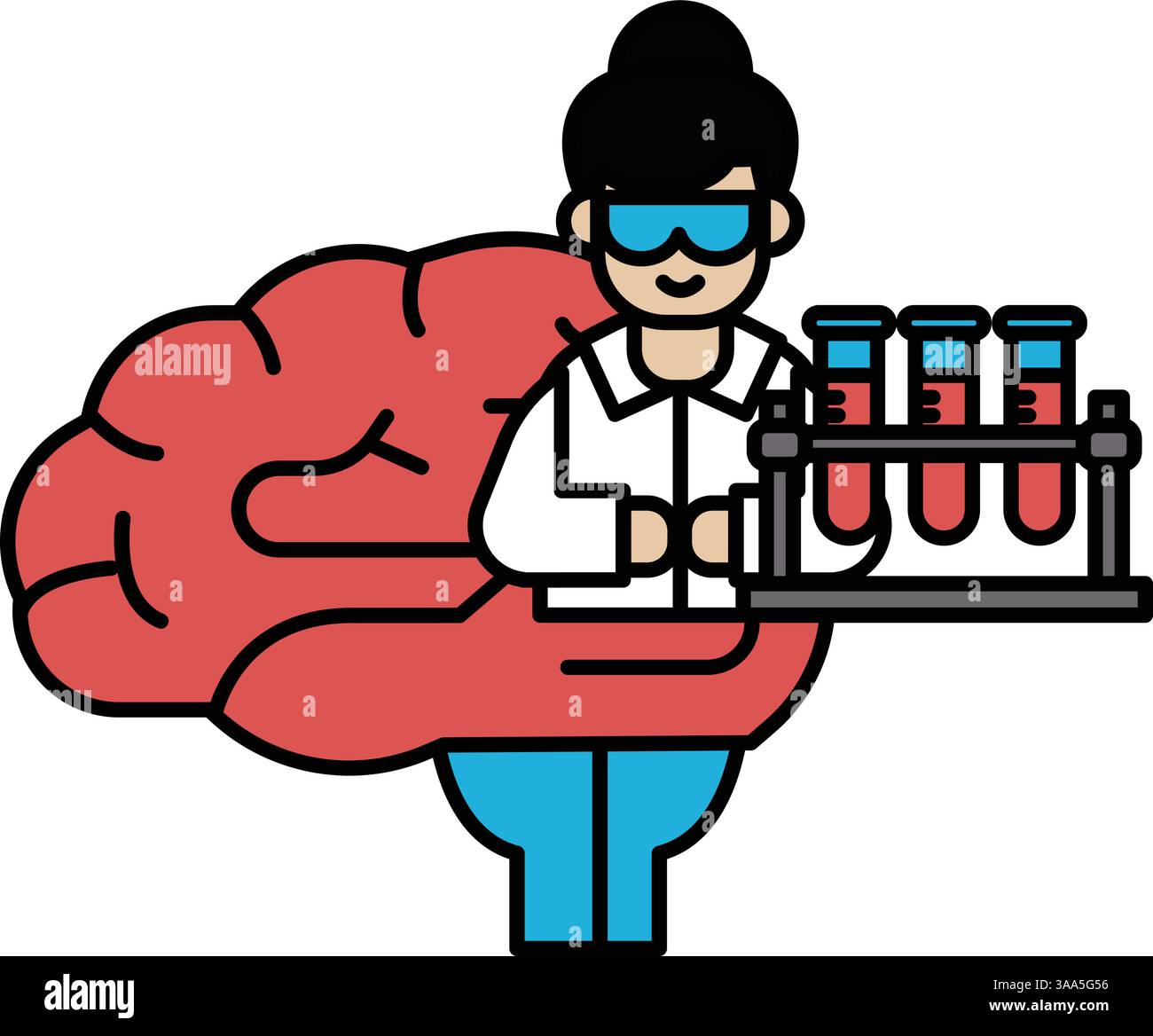 A woman in a lab coat holding a brain and a bunch of test tubes. The ...