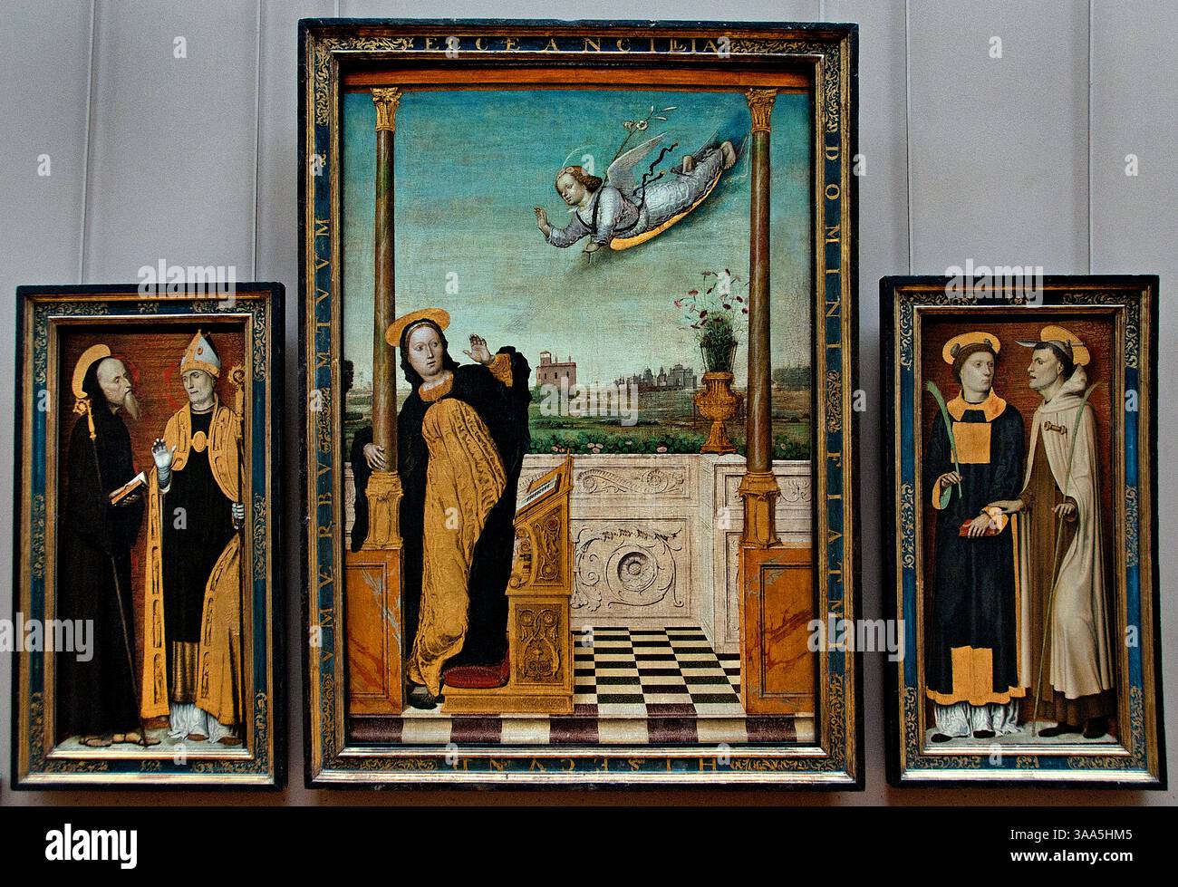 The Annunciation with Saints Benedict Augustine - Stephen and the Angel triptych 1490 - 1500 by ...