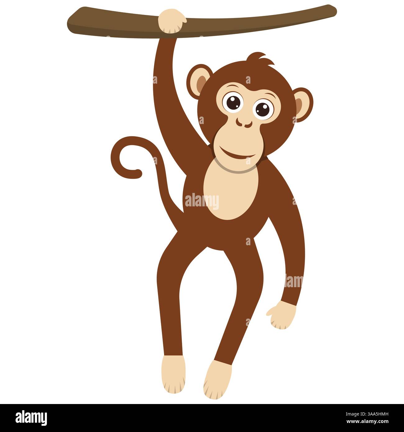 A cute little monkey is happily swinging from a sturdy branch ...