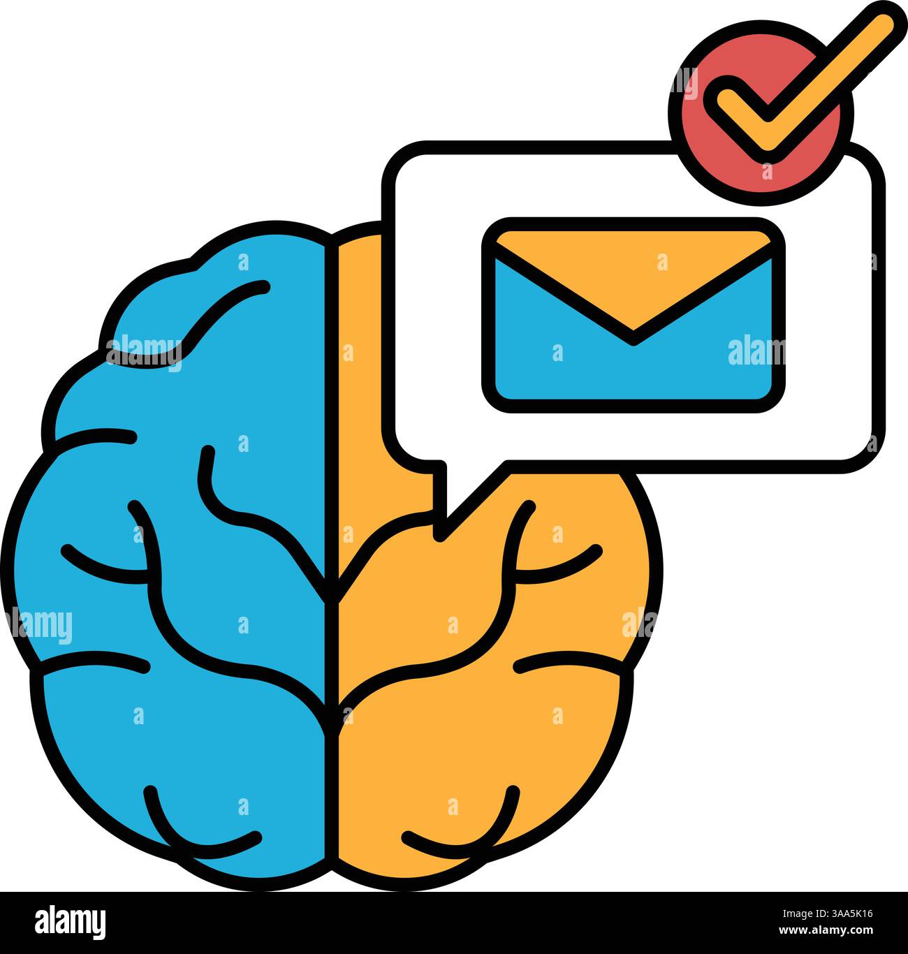 A brain with a check mark on it and an envelope next to it. The brain ...