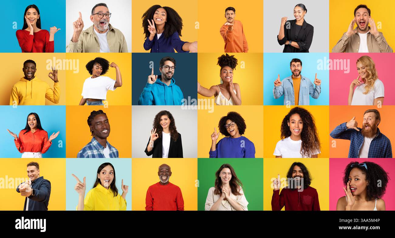 Diverse group of people expressing emotions against colorful ...