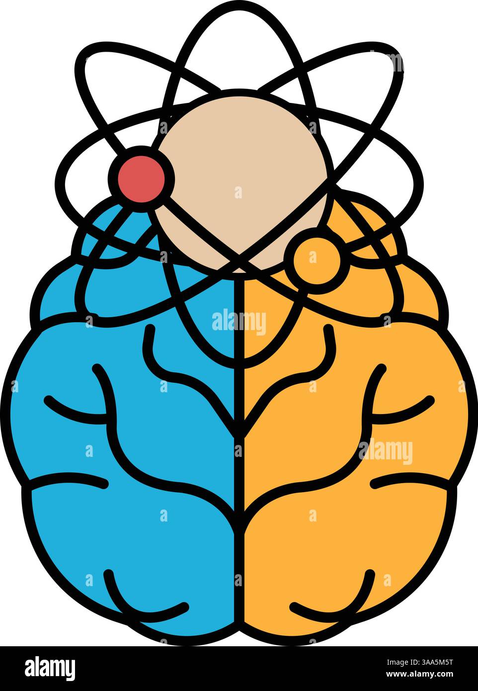 A brain with a red and blue circle on it. The red dot represents a thought or idea, while the ...