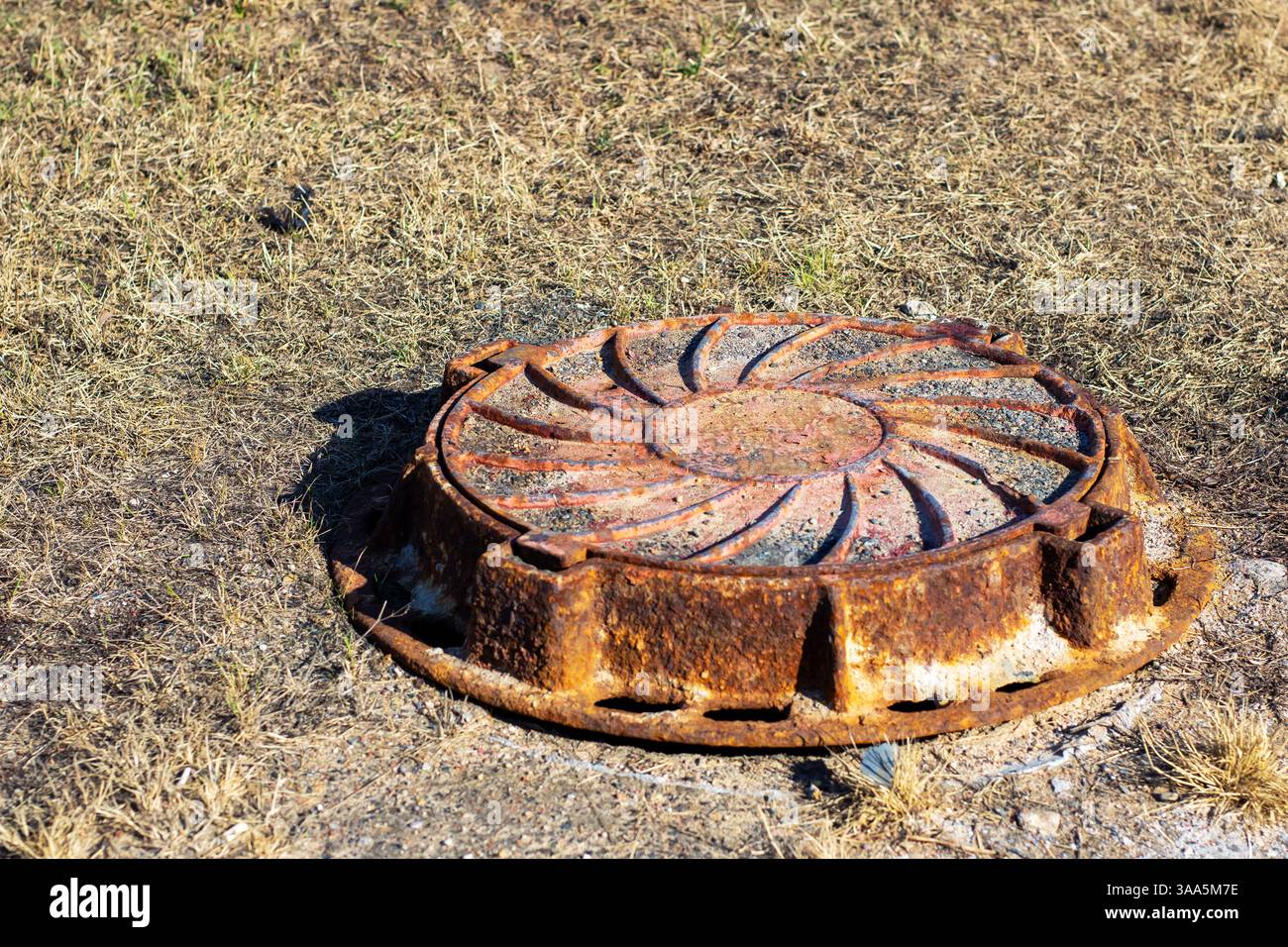 A weathered and rusty manhole cover rests atop dry grass, highlighting ...
