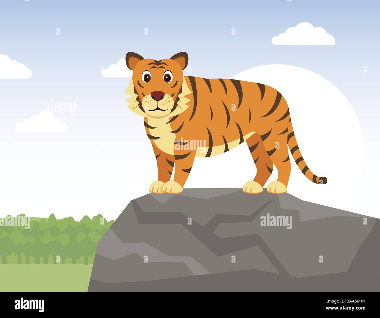 A vibrant and colorful cartoon tiger striking a pose on a rock, set ...