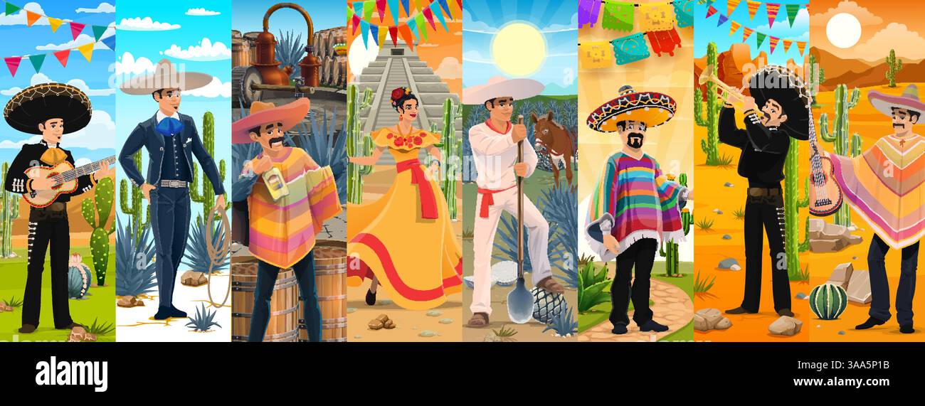 Cartoon Mexican characters collage showcases Latin culture with ...