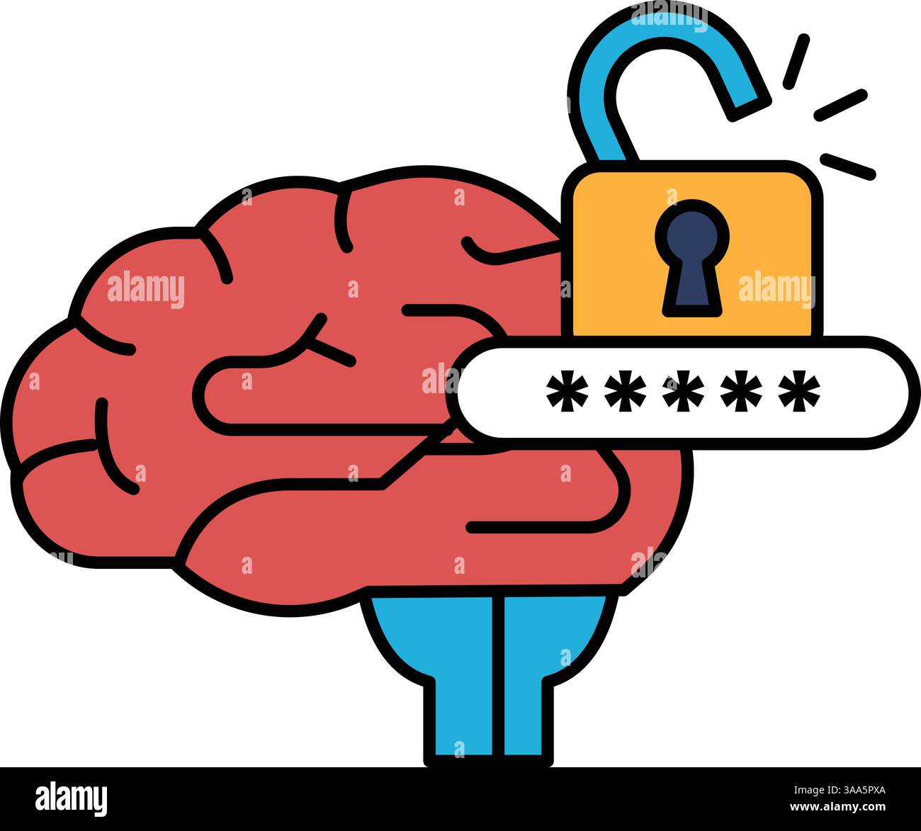 A brain with a lock on it. The lock is open and the brain is red. The ...