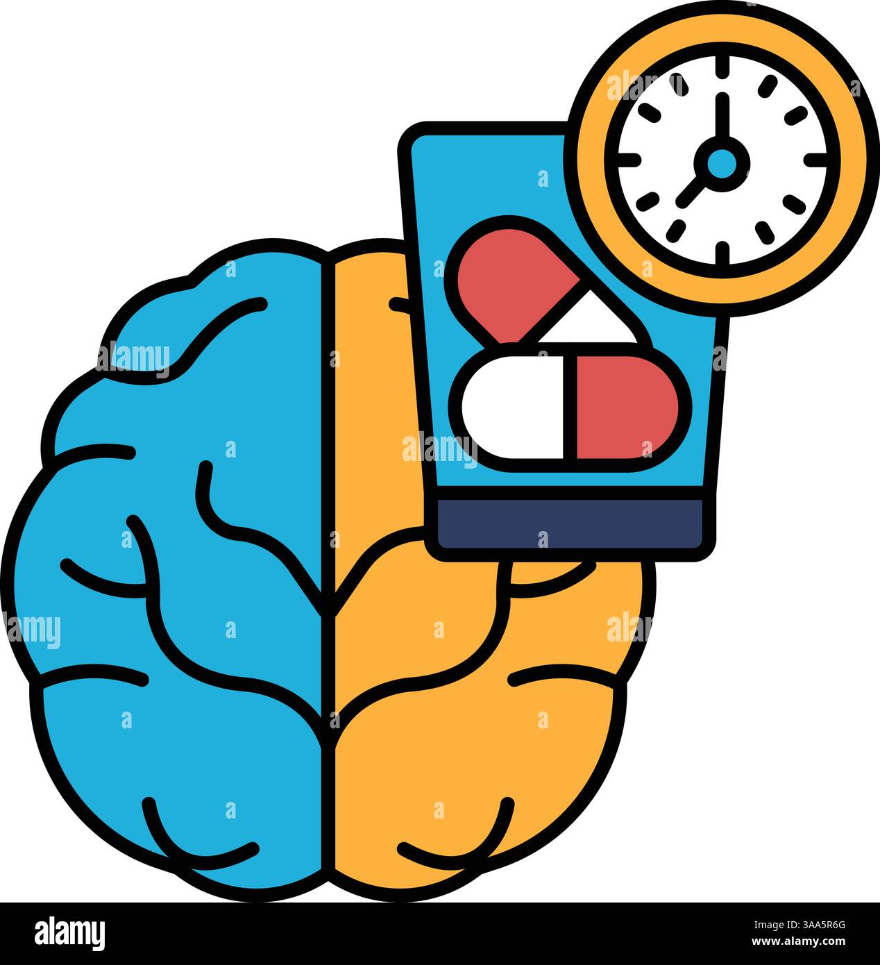 A cartoon brain with a clock and pills on it. The clock is showing the ...