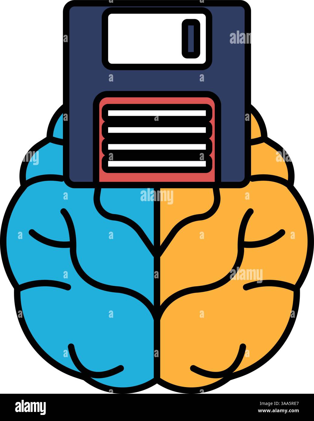A brain with a floppy disk on top of it. The brain is split into two ...