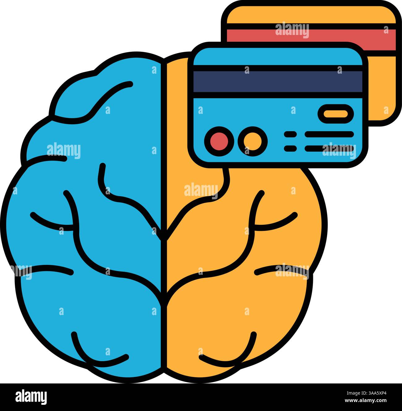 A brain with a credit card on it. The brain is split into two halves ...