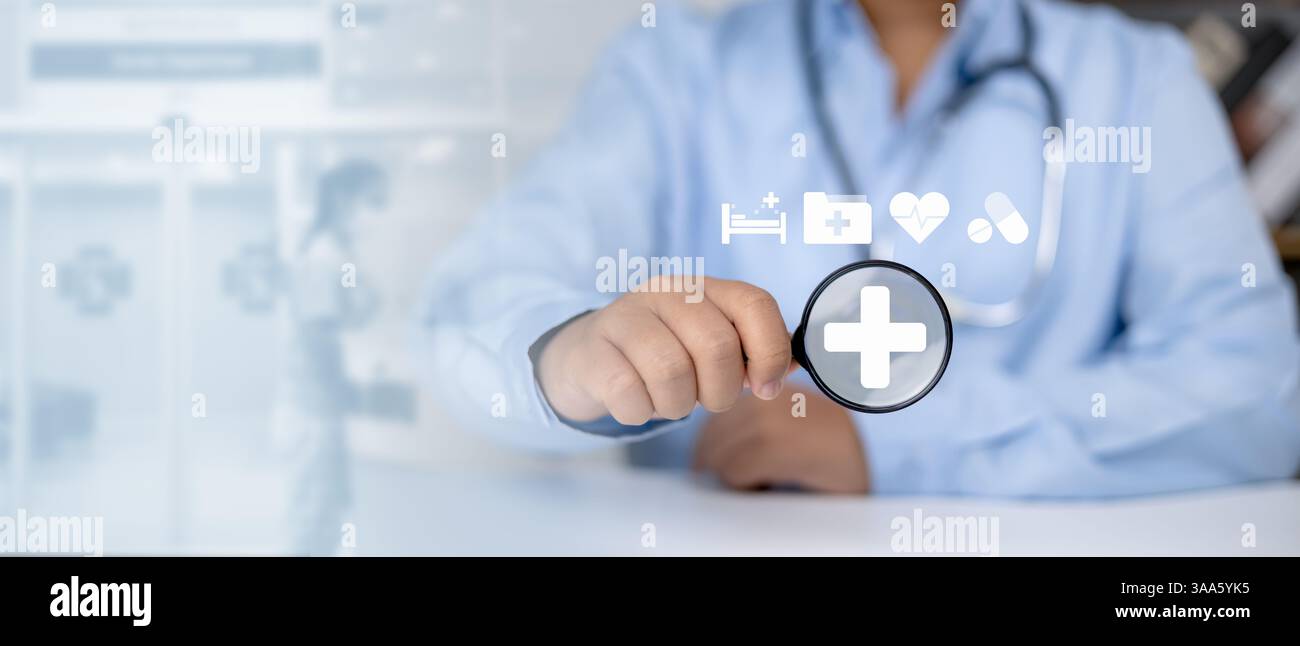 Doctor hold magnifying glass with plus sign, Health insurance and ...