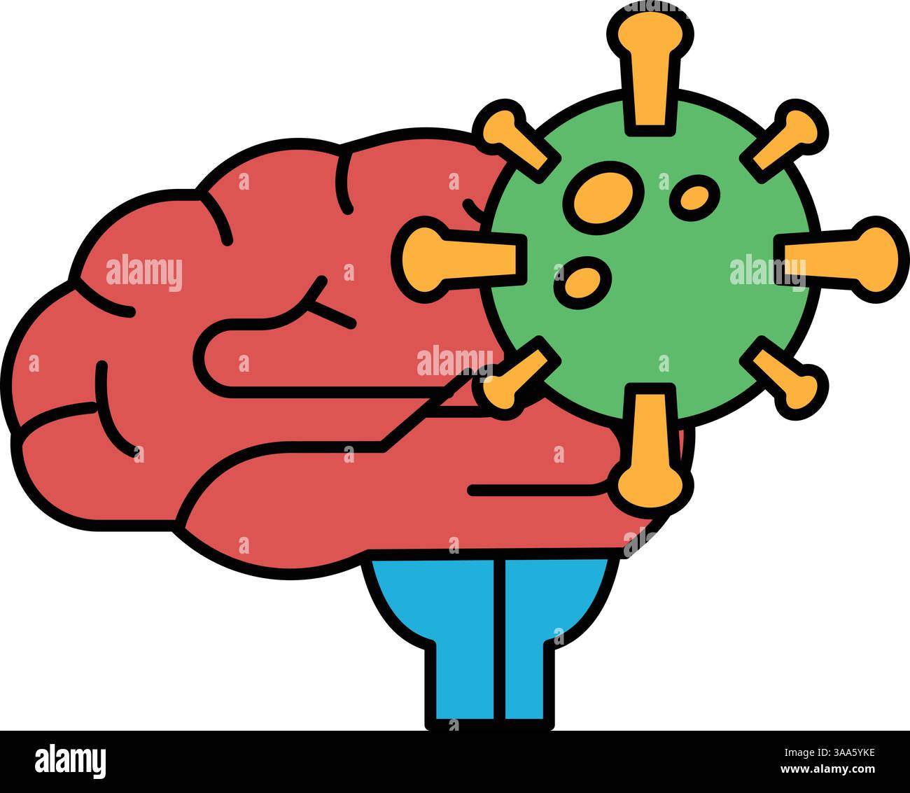 A cartoon drawing of a brain with a green virus in the middle. The ...