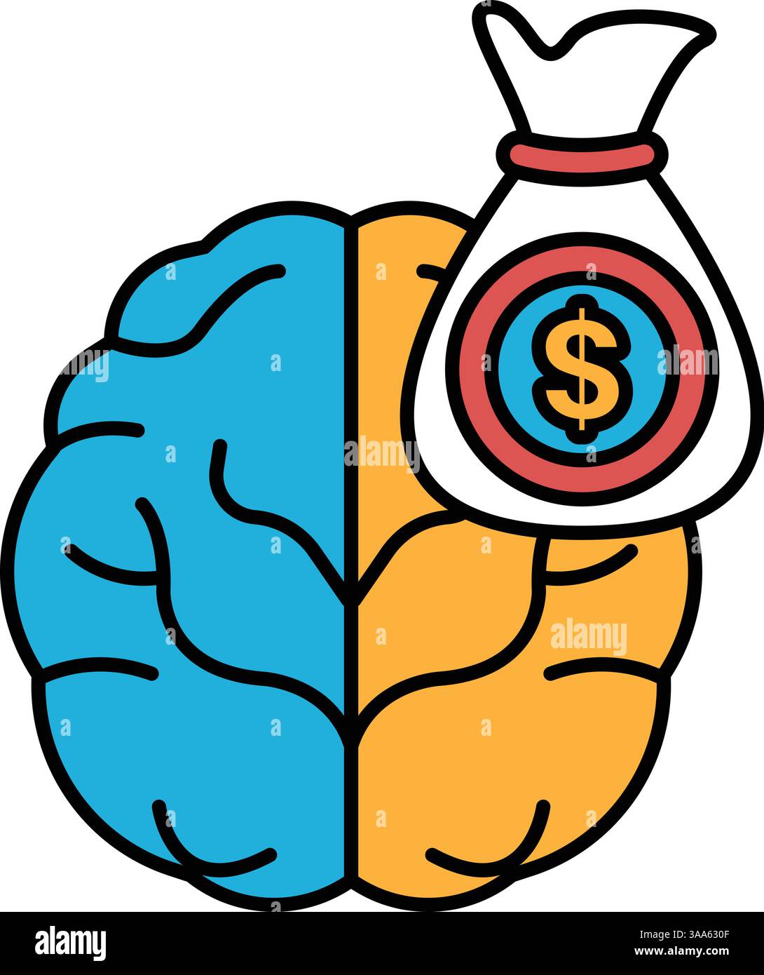 A brain with a dollar bill in the middle. The brain is split into two ...