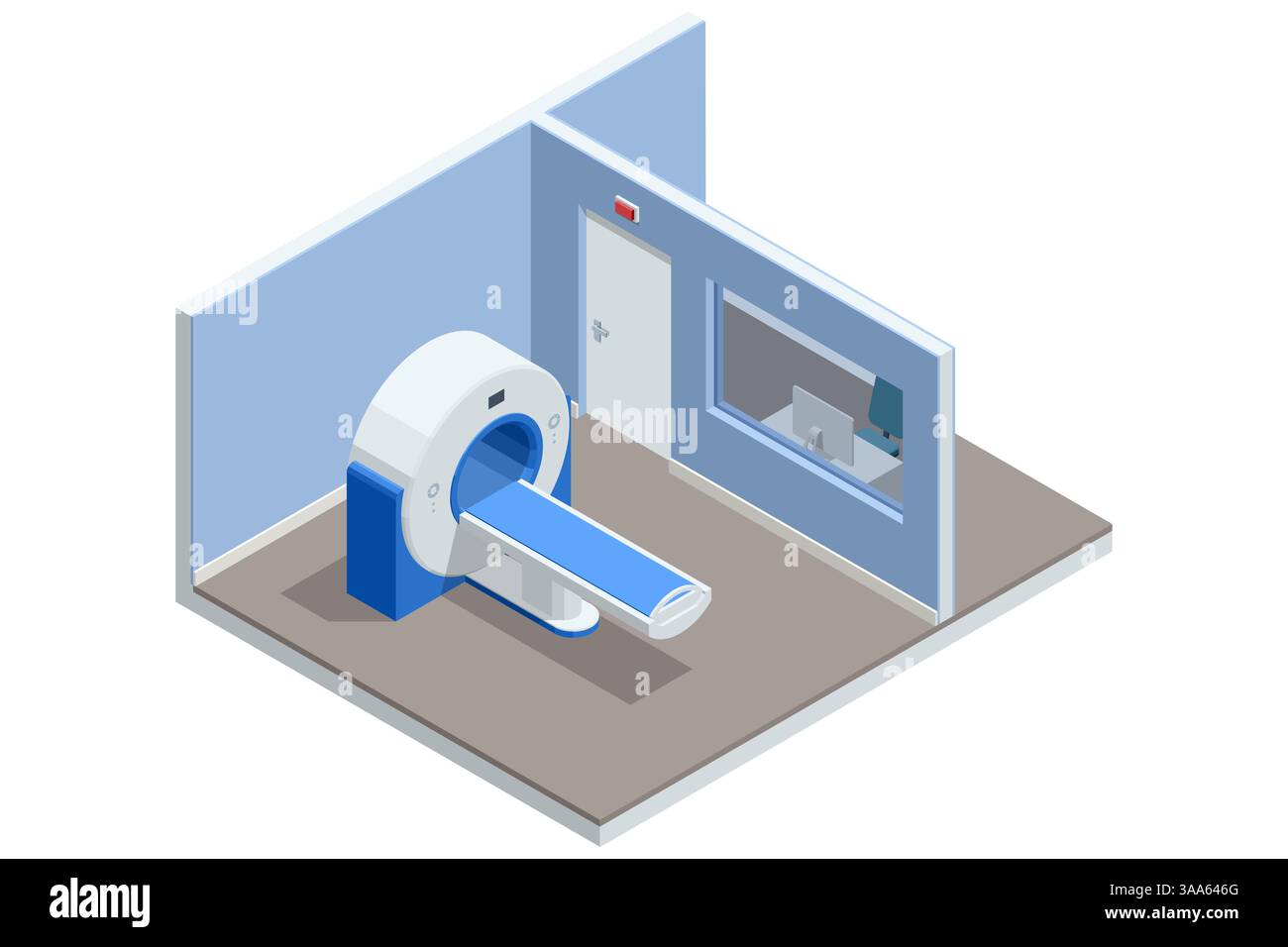Isometric vector layout of MRI examination room with scanner, separate ...