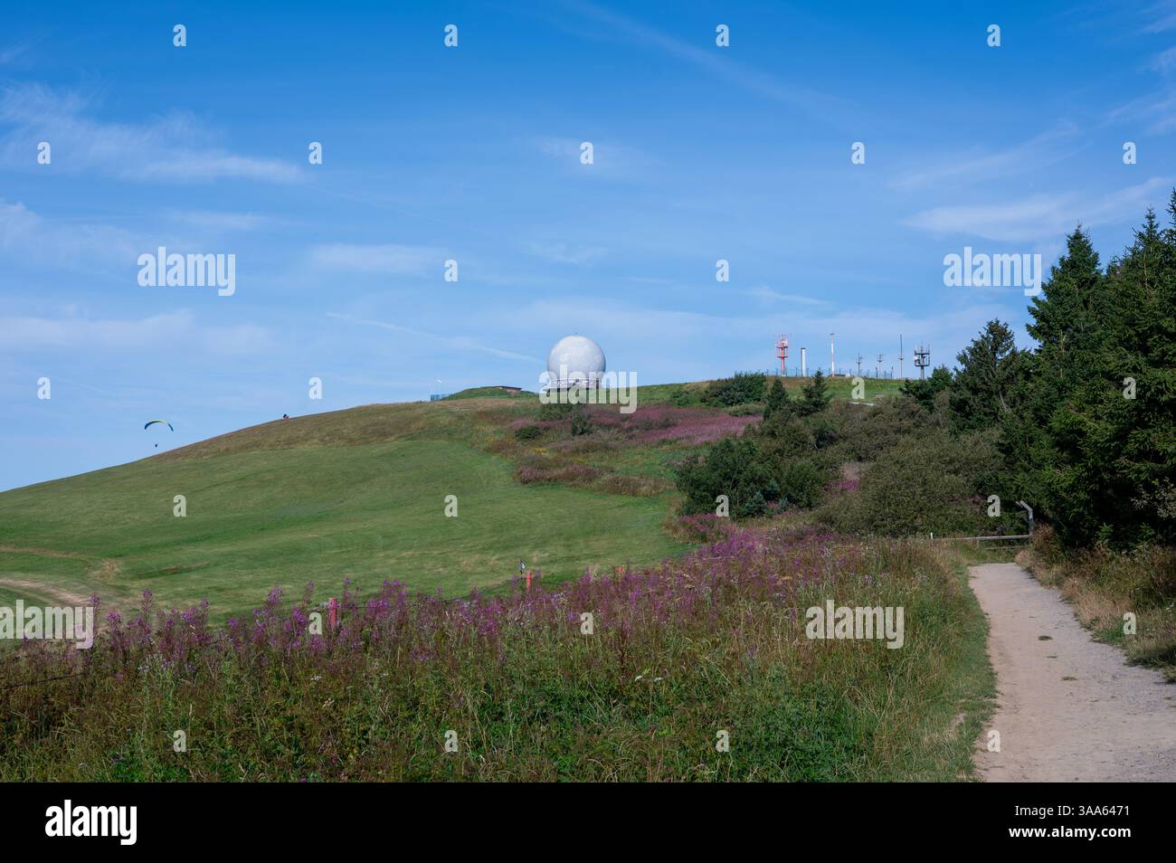 Radar dome on the summit of the Wasserkuppe in the High Rhoen region of ...
