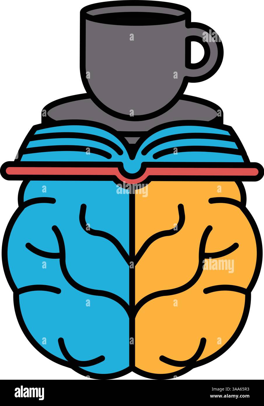 A brain with a cup on top of it. The brain is split into two halves ...