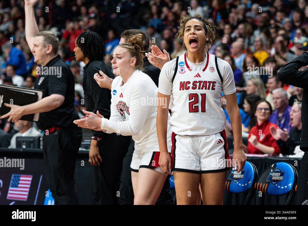 NC State Wolfpack guard Madison Hayes (21) reacts during the NCAA Women ...