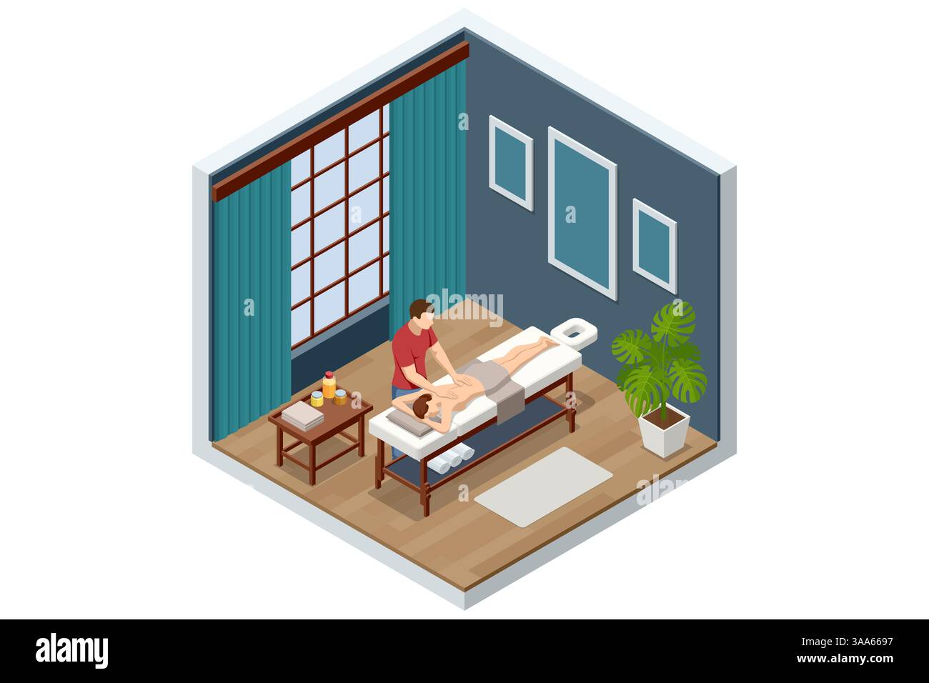 Isometric vector illustration of a massage therapist performing back ...