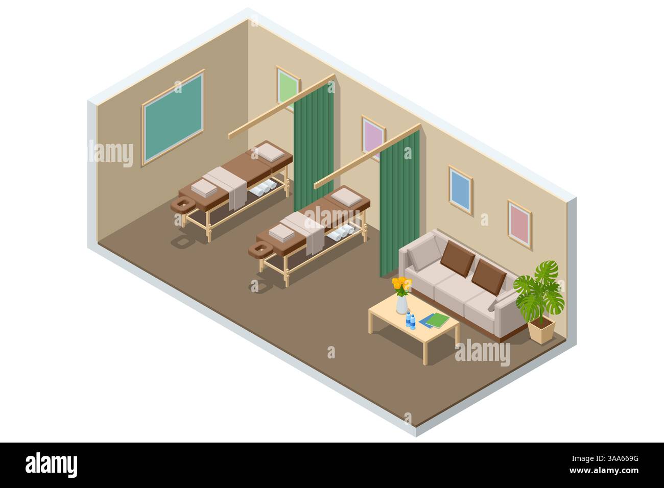Isometric vector image of a massage salon interior with two massage ...