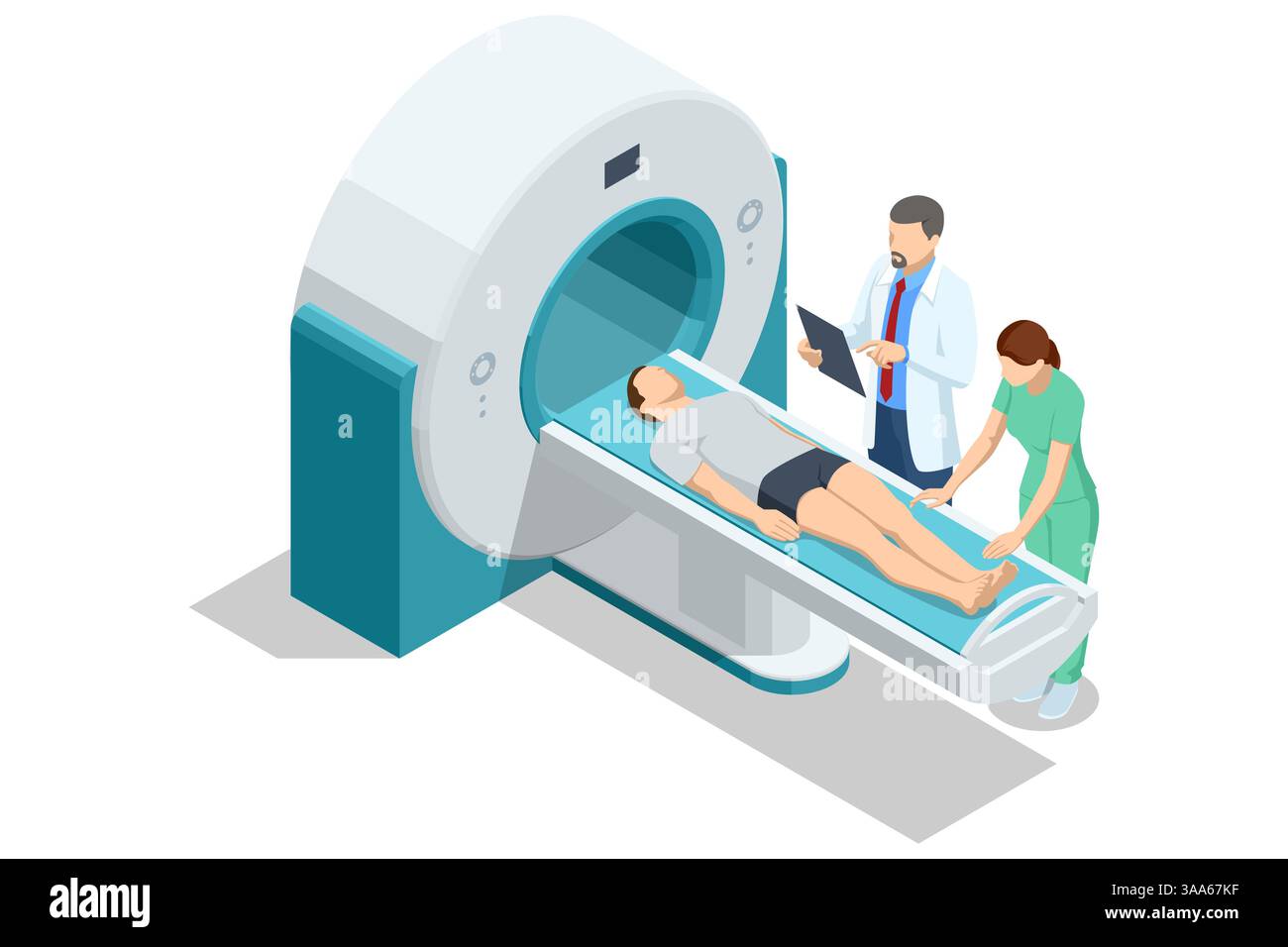Isometric vector MRI procedure, medical staff preparing a male patient ...