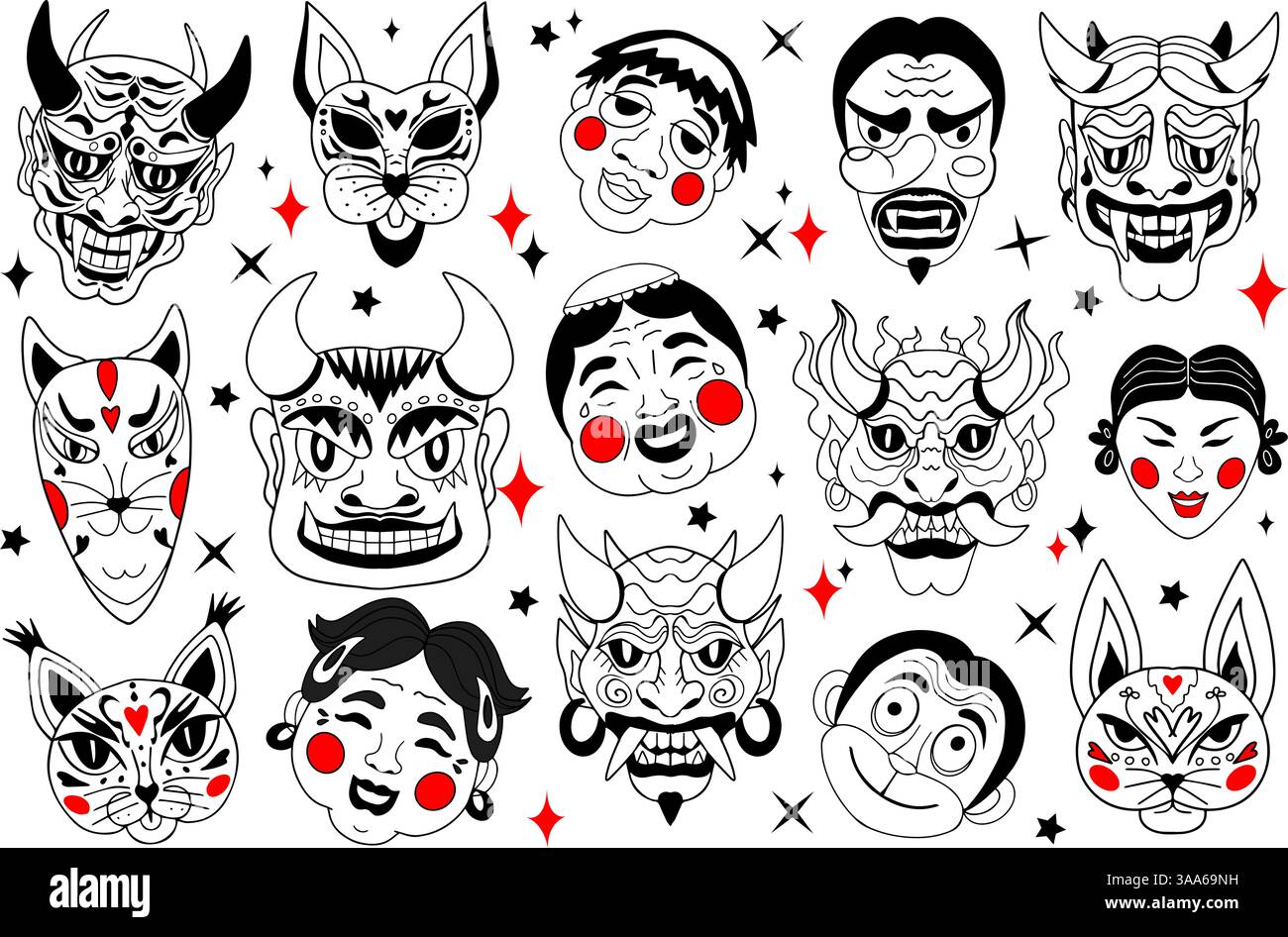 Japanese Mask Set Oni, Kitsune, Hannya, Daruma, Usagi. Traditional ...