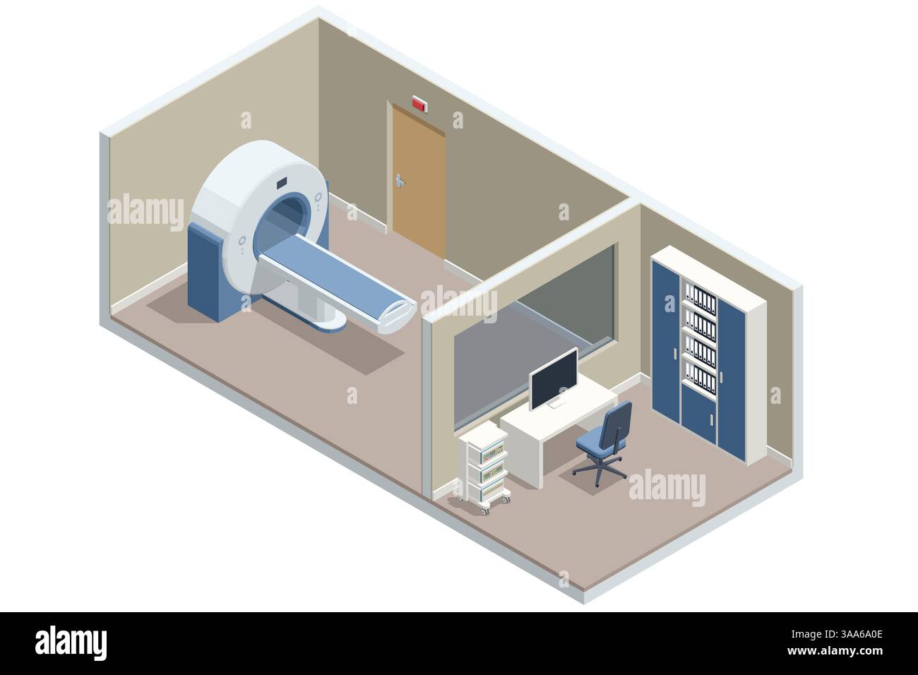 Isometric vector layout of MRI examination room with scanner, separate ...