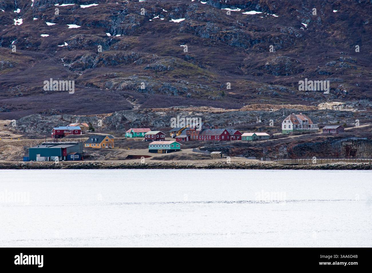 Abandoned Colorful Buildings of Ivittuut Mining Town with Mountain ...
