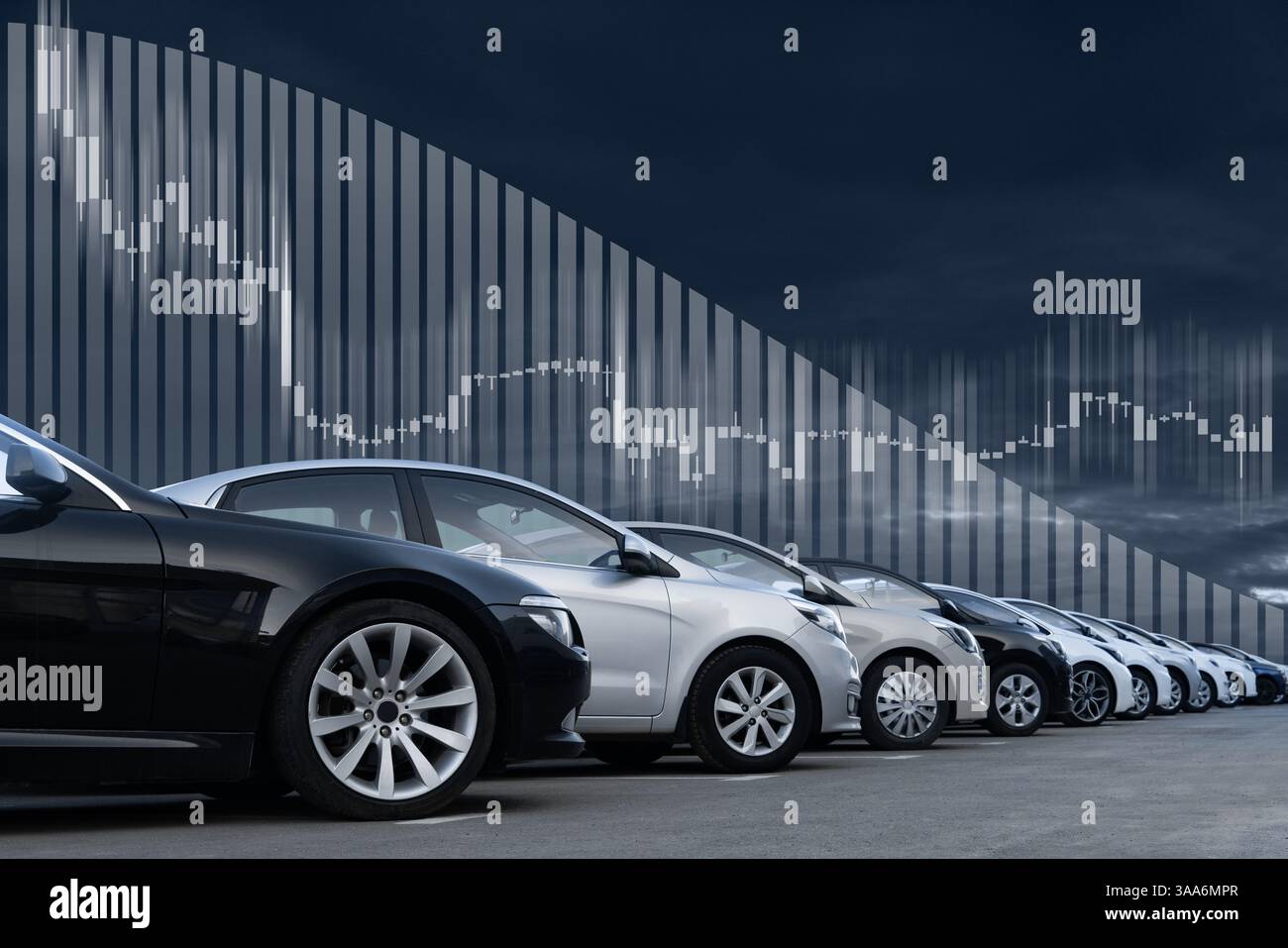 Chart down on a background of cars. A symbol of the crisis in the ...