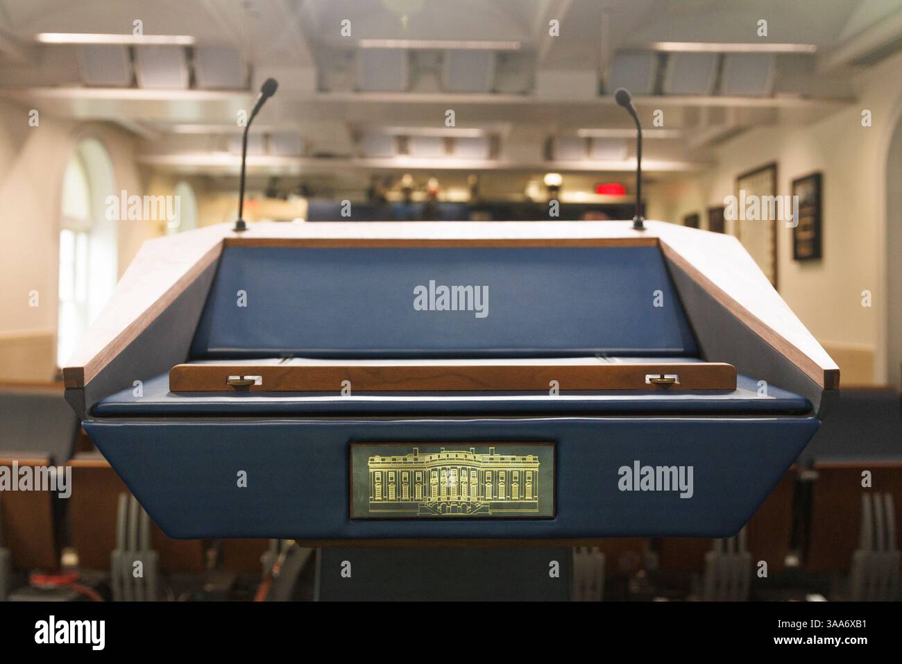 The lectern of the James Brady Briefing Room of the White House in ...