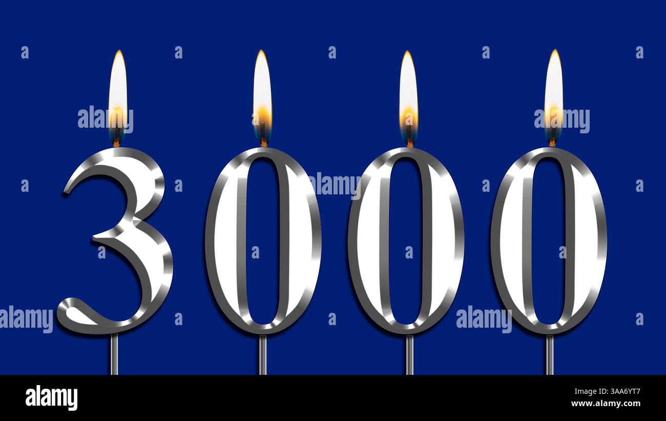 Number 3000 silver color on blue background, with flames representing ...