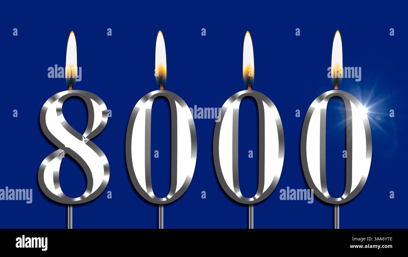 Number 8000 silver color on blue background, with flames representing ...