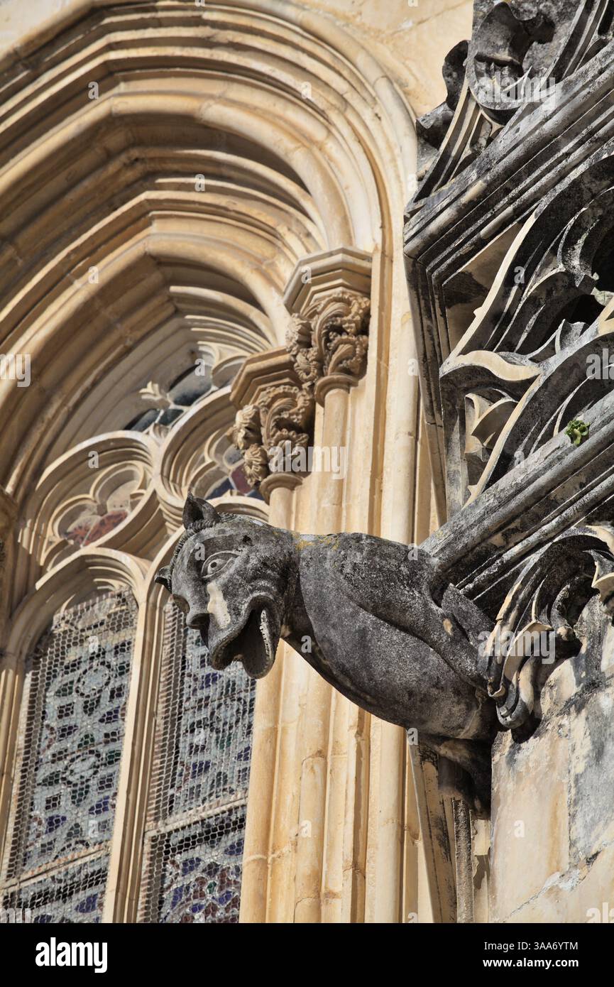 Intricate gargoyle sculptures adorn the roof of Batalha Monastery, a ...