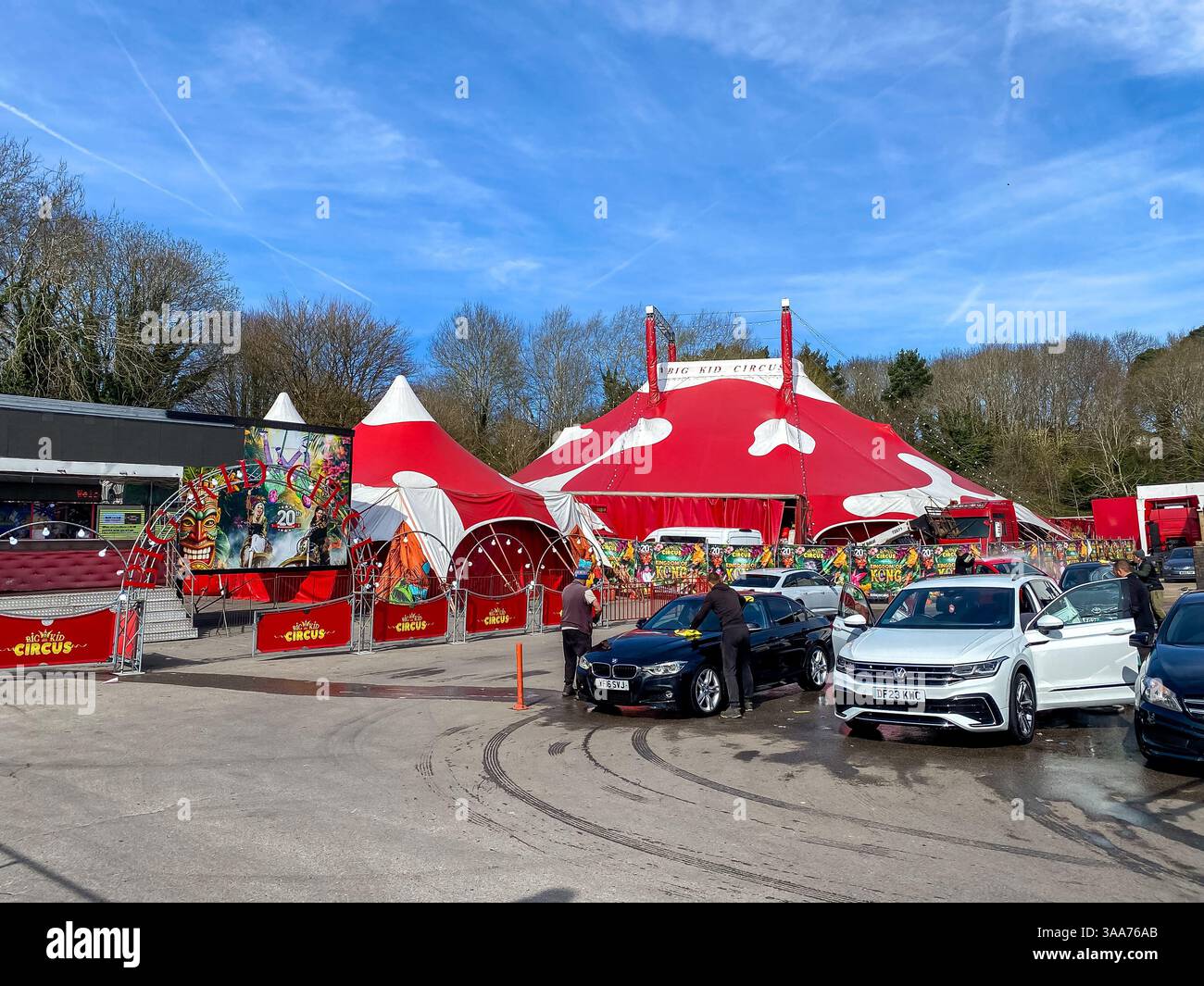 The Big Kid Circus set up in a car park in Tilehurst, Reading UK. A car ...