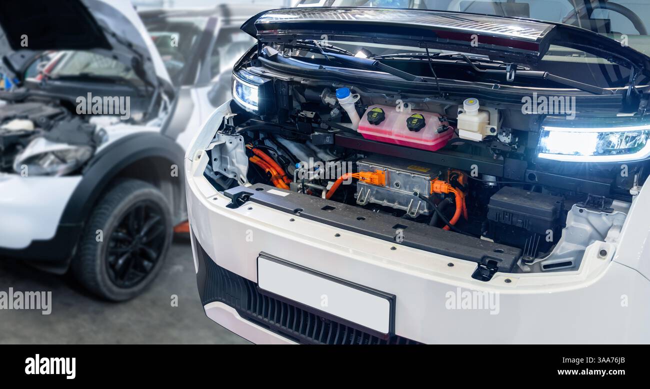 Electric van with open hood. Electric vehicles maintenance Stock Photo ...